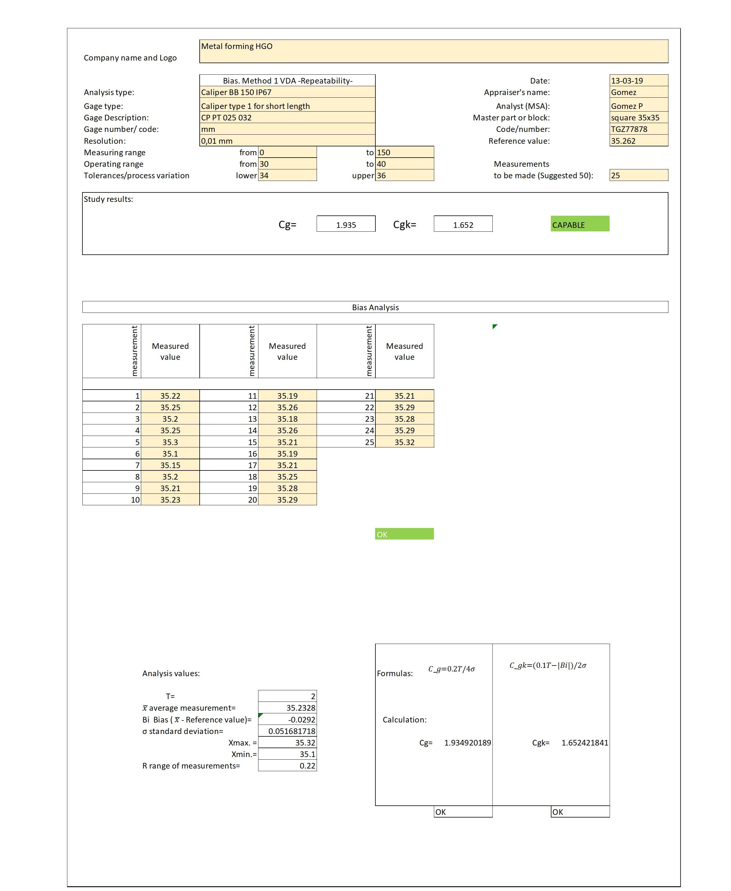 VDA repeatability Analysis / Method 1 - Quality in the automotive industry
